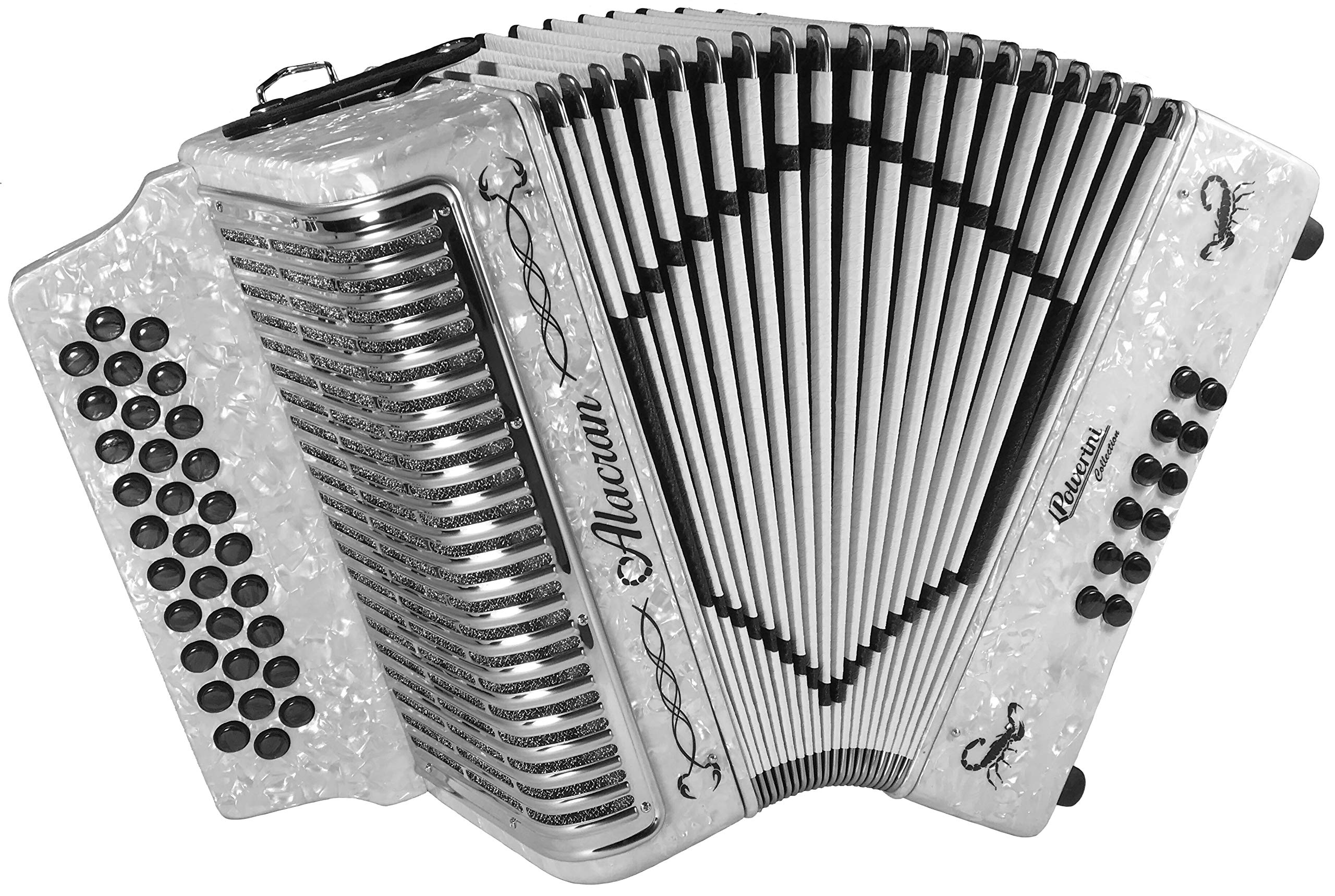 Alacran AL3112 Accordion Package: 31 Button, 12 Bass Accordion with Rigid Case and Adjustable Straps (Sol/GCF, White Pearl)