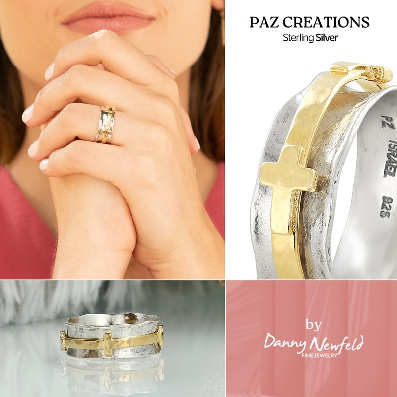 925 Sterling Silver Cross Spinner Ring by Paz Creations, Meditation Ring, Bohemian Jewelry For Women, Yellow Gold 6