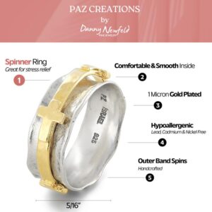 925 Sterling Silver Cross Spinner Ring by Paz Creations, Meditation Ring, Bohemian Jewelry For Women, Yellow Gold 6