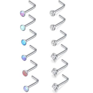 piercingpops 12pcs 20g tiny cz opal nose bone/l shaped/nose screws stud stainless steel nose ring set body jewelry piercing (12pcs - 3mm opal & cz（l shaped style）)