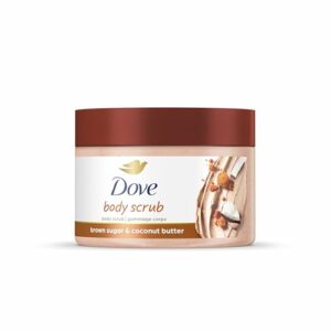 dove scrub brown sugar & coconut butter for silky smooth skin body scrub exfoliates & restores skin's natural nutrients 10.5 oz