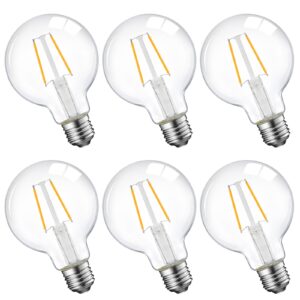 e energetic lighting edison light bulb, 5w dimmable, g25 globe shape, clear glass, 60w equivalent, 2700k soft white, 500lm, g80 christmas light, e26 standard base, ul listed, 6-pack