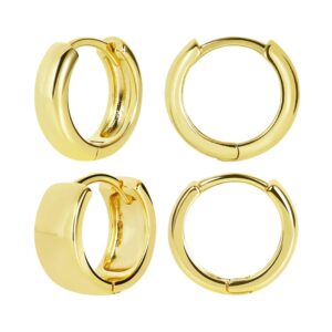 famarine 2 pairs 14k gold plated hoop huggie earrings for women, minimalist dainty hoop earrings