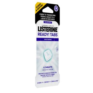 Listerine Ready! Tabs Whitening Chewable Tablets with Polar Mint Flavor to Help Fight Bad Breath, Gently Whiten Teeth & Kill Bad Breath Germs On the Go, Sugar-Free, Gluten-Free, 8 ct