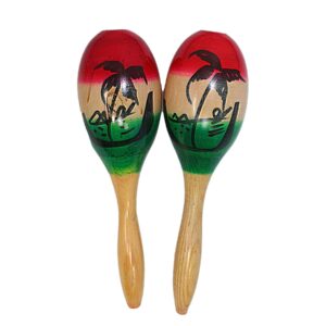 needzo maracas musical instrument, small wooden tri-colored with palm tree silhouette, latin percussion, for adults, set of 2, 7 3/4 inches