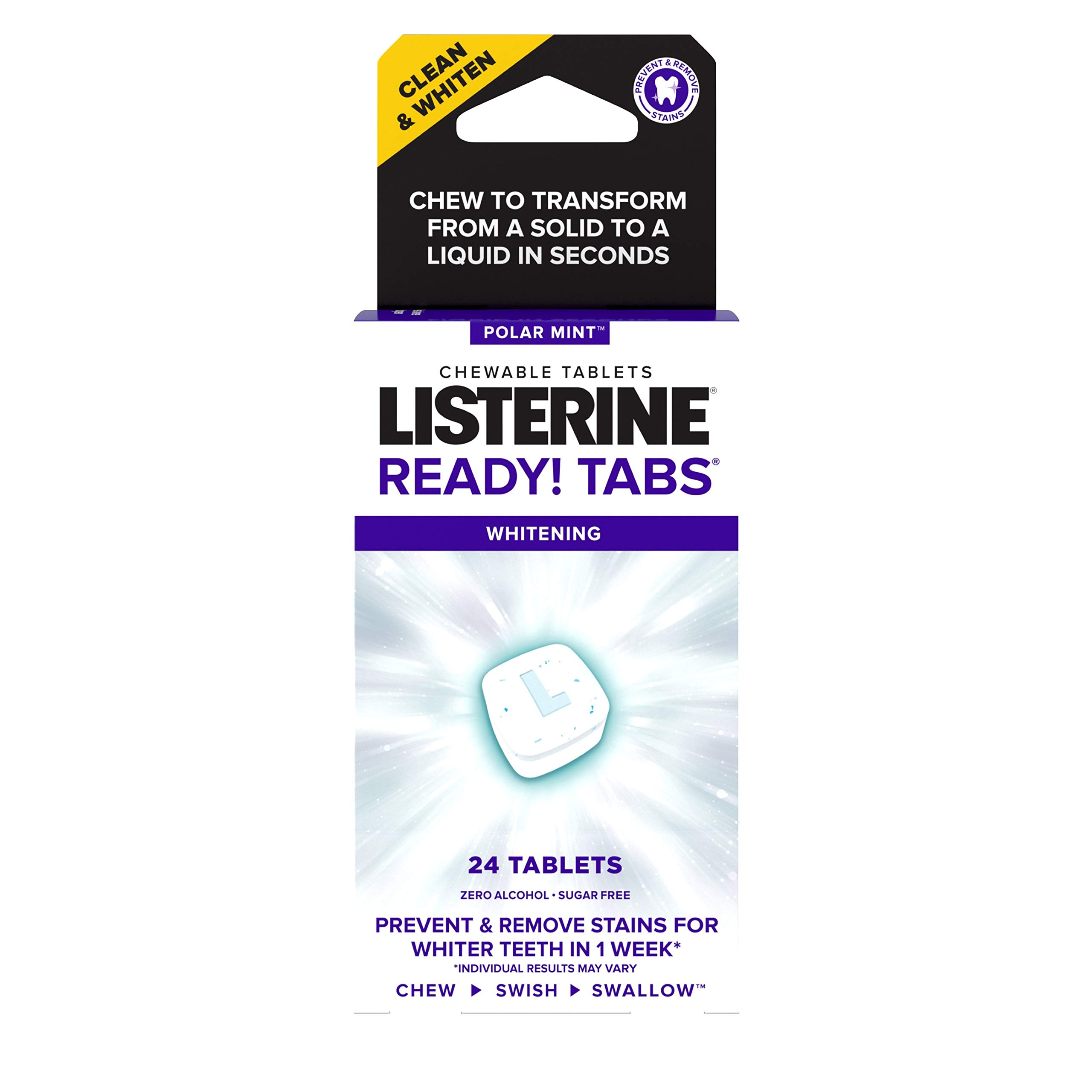 Listerine Ready! Tabs Whitening Chewable Tablets with Polar Mint Flavor to Help Fight Bad Breath, Gently Whiten Teeth & Kill Bad Breath Germs On the Go, Sugar-Free, Gluten-Free, 24 ct