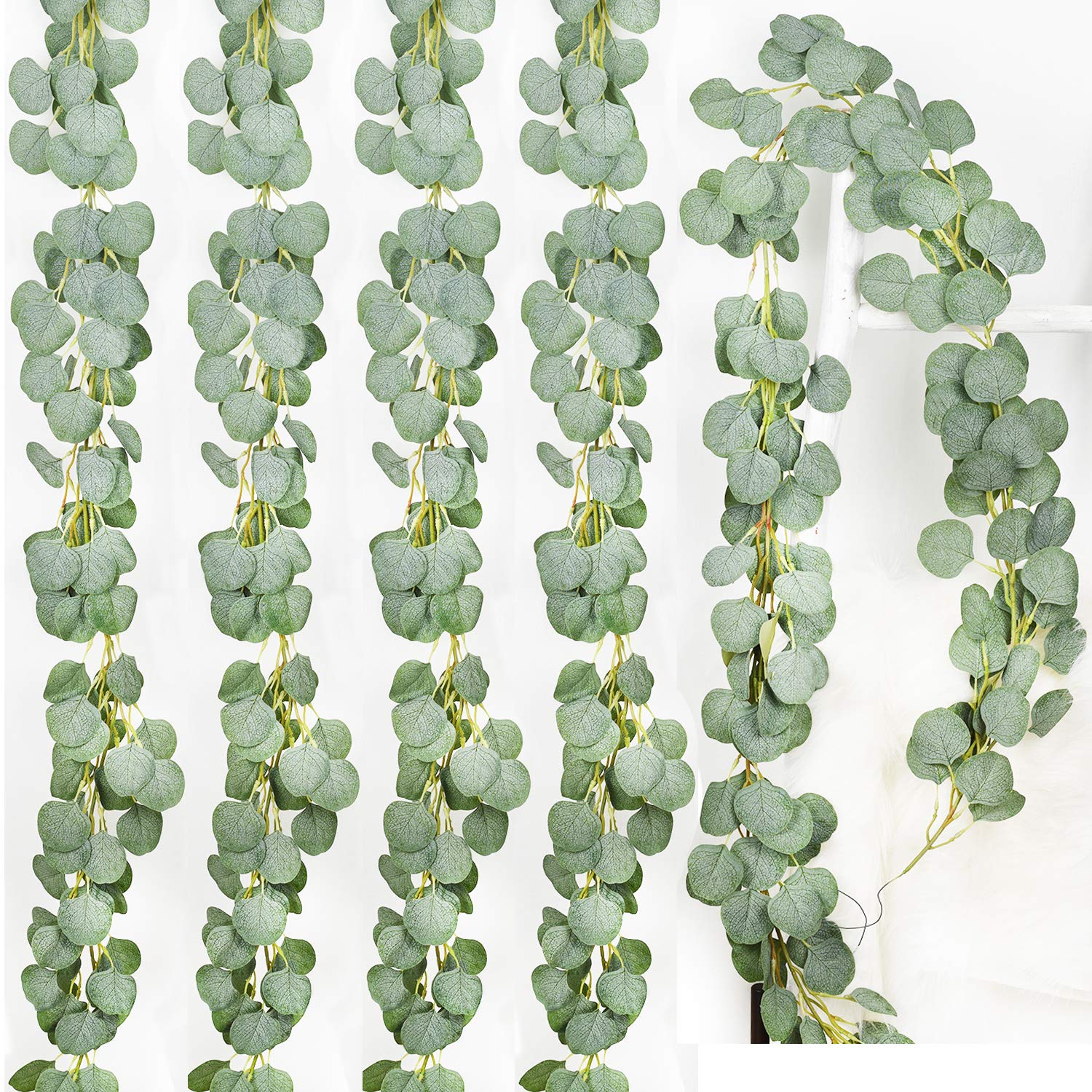 DearHouse 5pc Artificial Eucalyptus Garland Faux Silk Eucalyptus Leaves Vines Handmade Garland Greenery Wedding Backdrop Arch Wall Decor,6 FT/Pcs