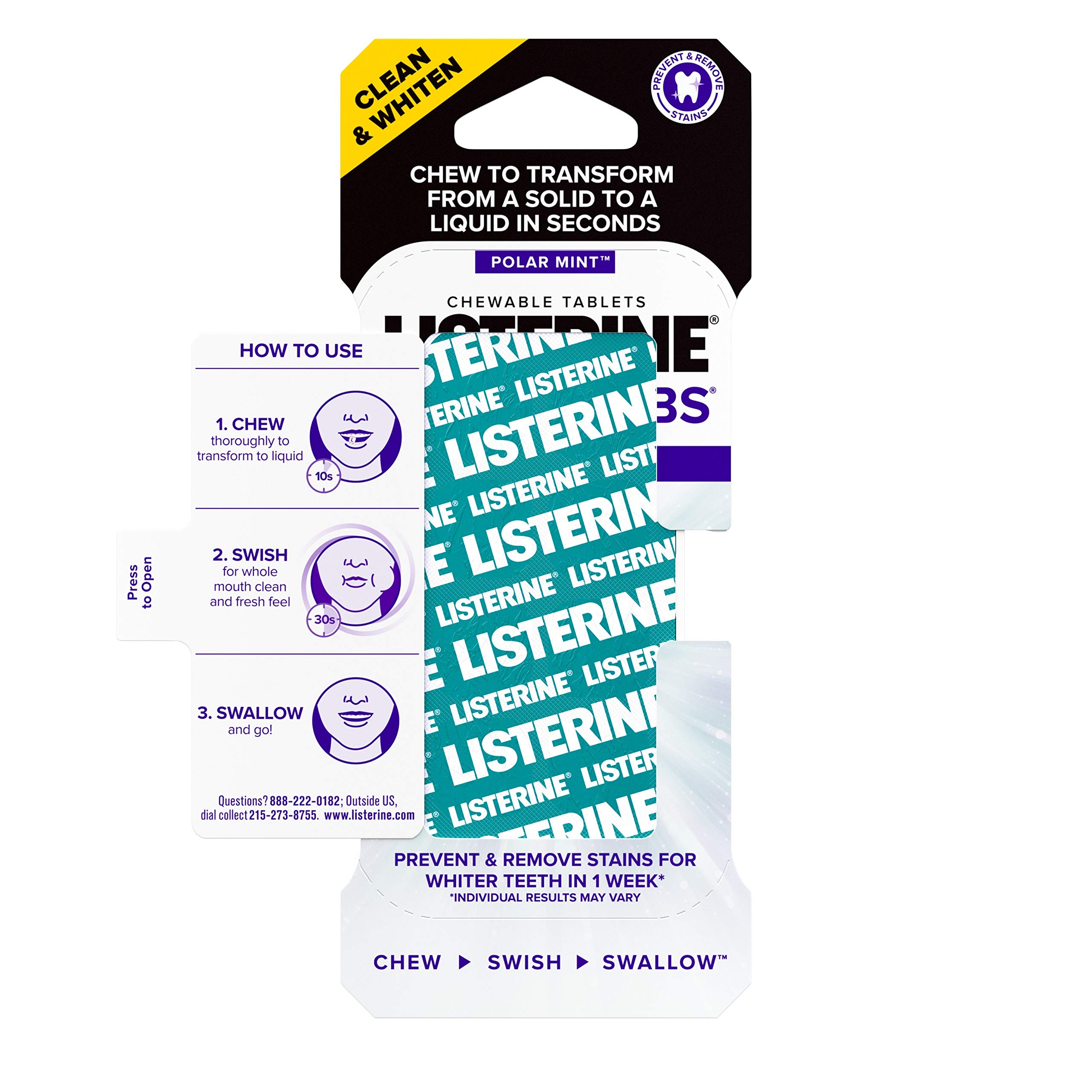 Listerine Ready! Tabs Whitening Chewable Tablets with Polar Mint Flavor to Help Fight Bad Breath, Gently Whiten Teeth & Kill Bad Breath Germs On the Go, Sugar-Free, Gluten-Free, 8 ct