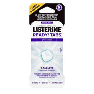 listerine ready! tabs whitening chewable tablets with polar mint flavor to help fight bad breath, gently whiten teeth & kill bad breath germs on the go, sugar-free, gluten-free, 8 ct