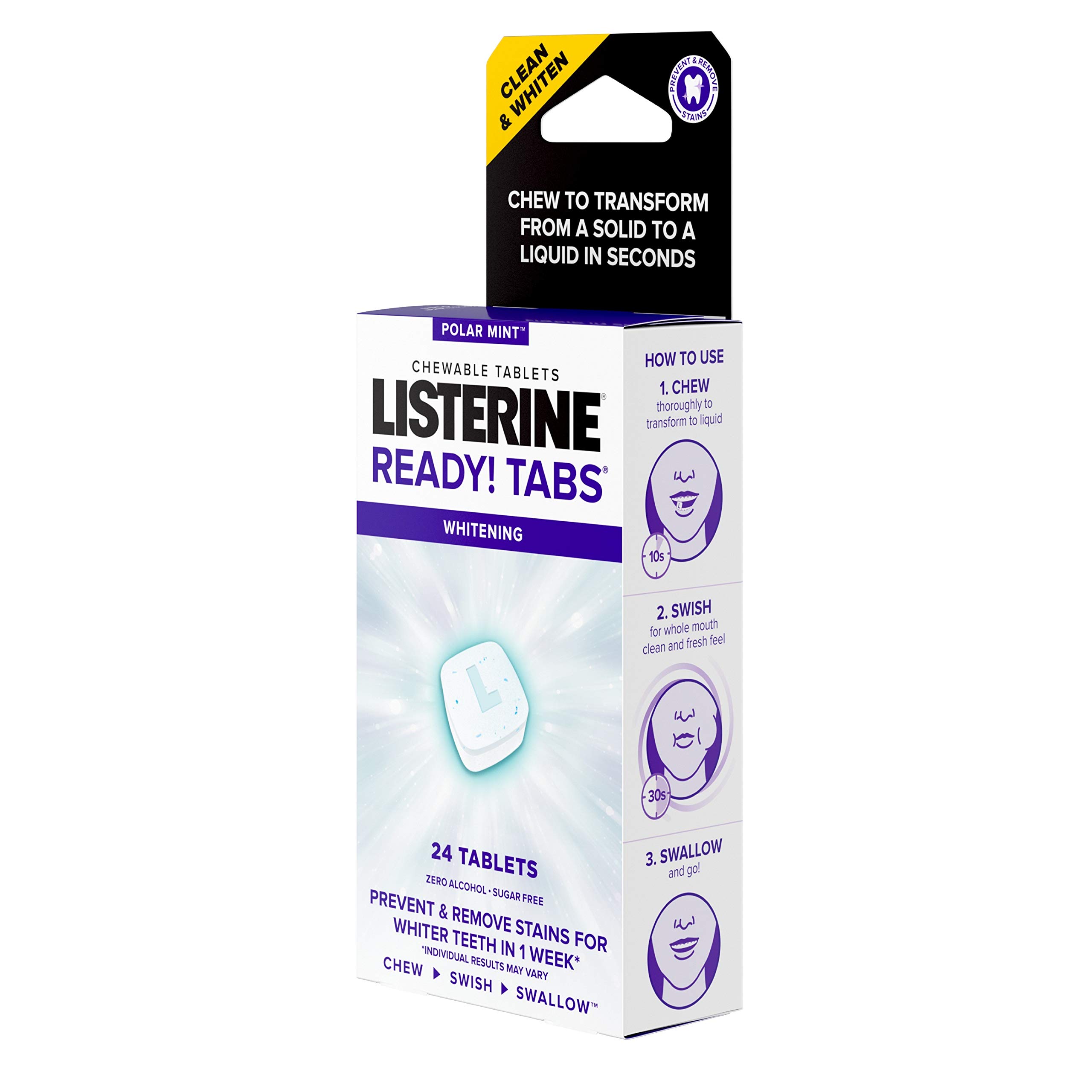 Listerine Ready! Tabs Whitening Chewable Tablets with Polar Mint Flavor to Help Fight Bad Breath, Gently Whiten Teeth & Kill Bad Breath Germs On the Go, Sugar-Free, Gluten-Free, 24 ct