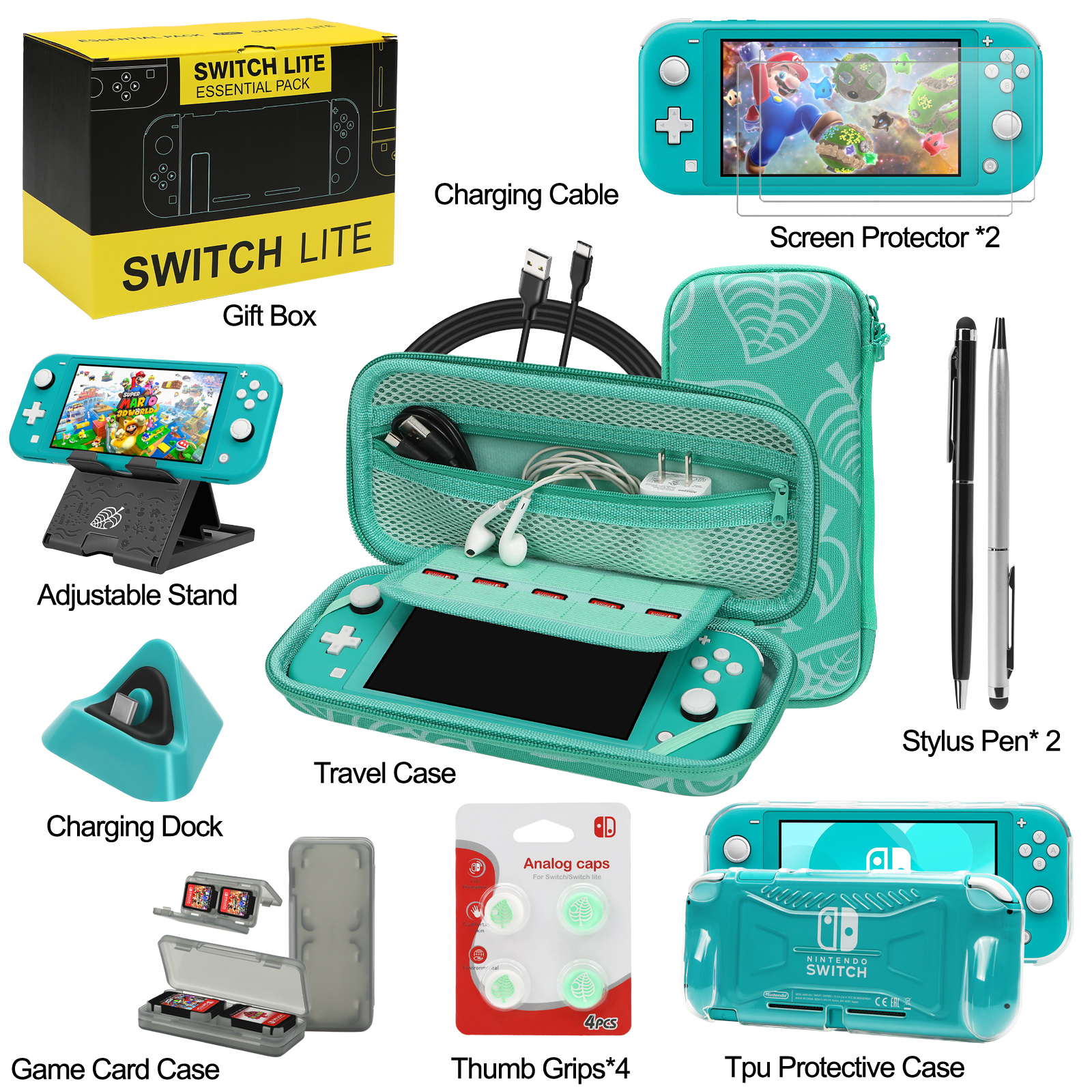 Switch Lite Accessories Bundle, Kit with Carrying Case,TPU Case Cover with Screen Protector,Charging Dock,Playstand, Game Case, USB Cable, Stylus,Thumb Grip Caps for Nintendo Switch Lite (Turquoise)