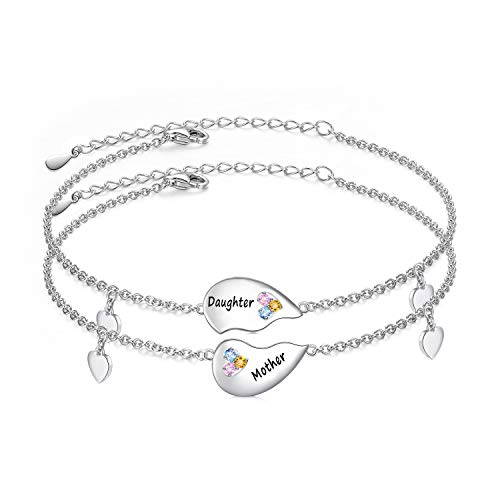 FLYOW Mother Daughter Bracelets Set for 2 Sterling Silver Mother Child Bracelets Heart Jewelry Birthday Mother's Day Bracelet for Women Grandma Mother Daughter