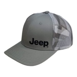 jeep premium text logo trucker hat - heather grey twill front/mesh camo back