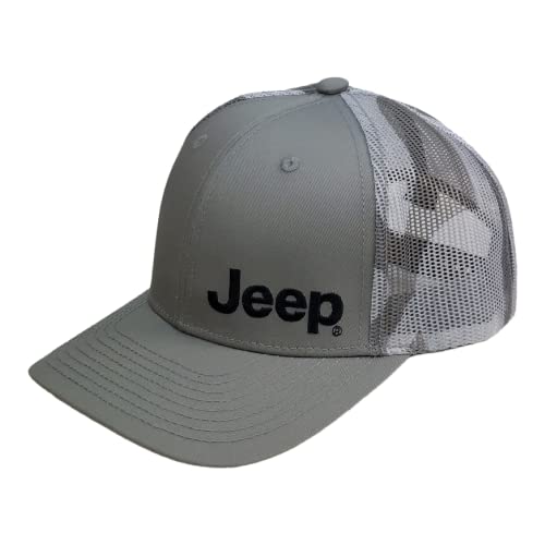 Jeep Premium Text Logo Trucker Hat - Heather Grey Twill Front/Mesh Camo Back