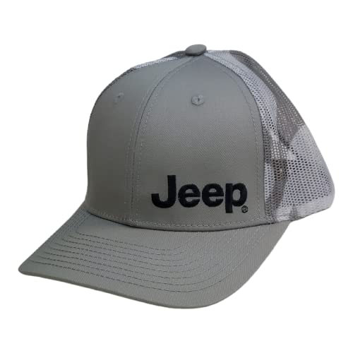 Jeep Premium Text Logo Trucker Hat - Heather Grey Twill Front/Mesh Camo Back