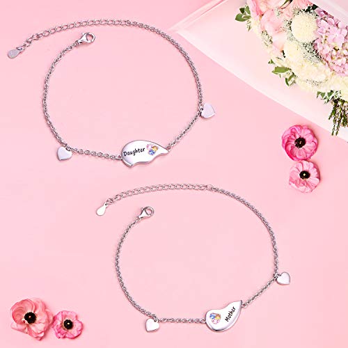 FLYOW Mother Daughter Bracelets Set for 2 Sterling Silver Mother Child Bracelets Heart Jewelry Birthday Mother's Day Bracelet for Women Grandma Mother Daughter