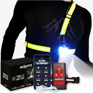 avanto triple beam chest lamp, original, 500 lumen led night running lights for runners, dog walking light, long 5-7h usetime, usb-c rechargeable battery, running headlamp, reflective vest, yellow