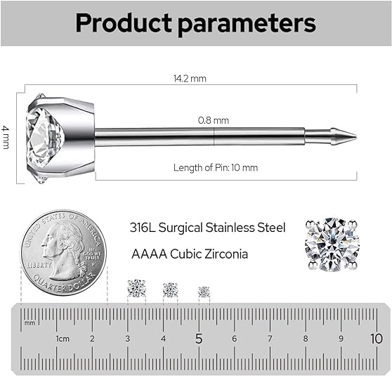 SugarTang Ear Piercing Kit | Disposable Ear Piercing Gun Kit Made in 316L Surgical Stainless Steel with 4mm - 4prong Cubic Zirconia | At Home Self Ear Piercer Kit with Earrings Stud | 4 Pack