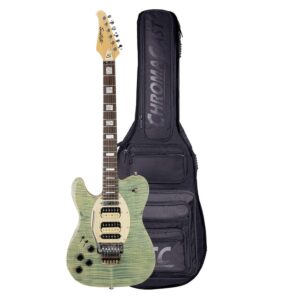 godpsmusic 6 string solid-body electric guitar, left-handed grass-stained blue jean (st-et-lh-hybrid-fl-fmblj)