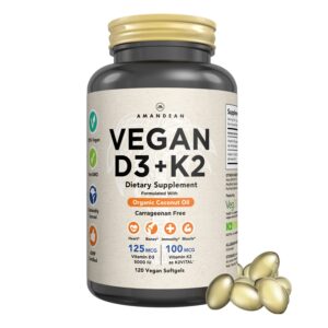 amandean vegan vitamin d3 k2. 5000 iu from algae. all-trans mk-7. 120 softgels. plant-based & carrageenan free. organic coconut oil blend. for mood, bones, heart, teeth, immune health.