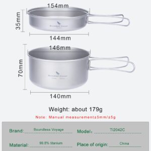 Boundless Voyage Titanium 2-Piece Pot and Pan Set 1000ml+500ml Folding Handle for Outdoor Camping Cooking Hiking Backpacking Portable Tableware Cookware