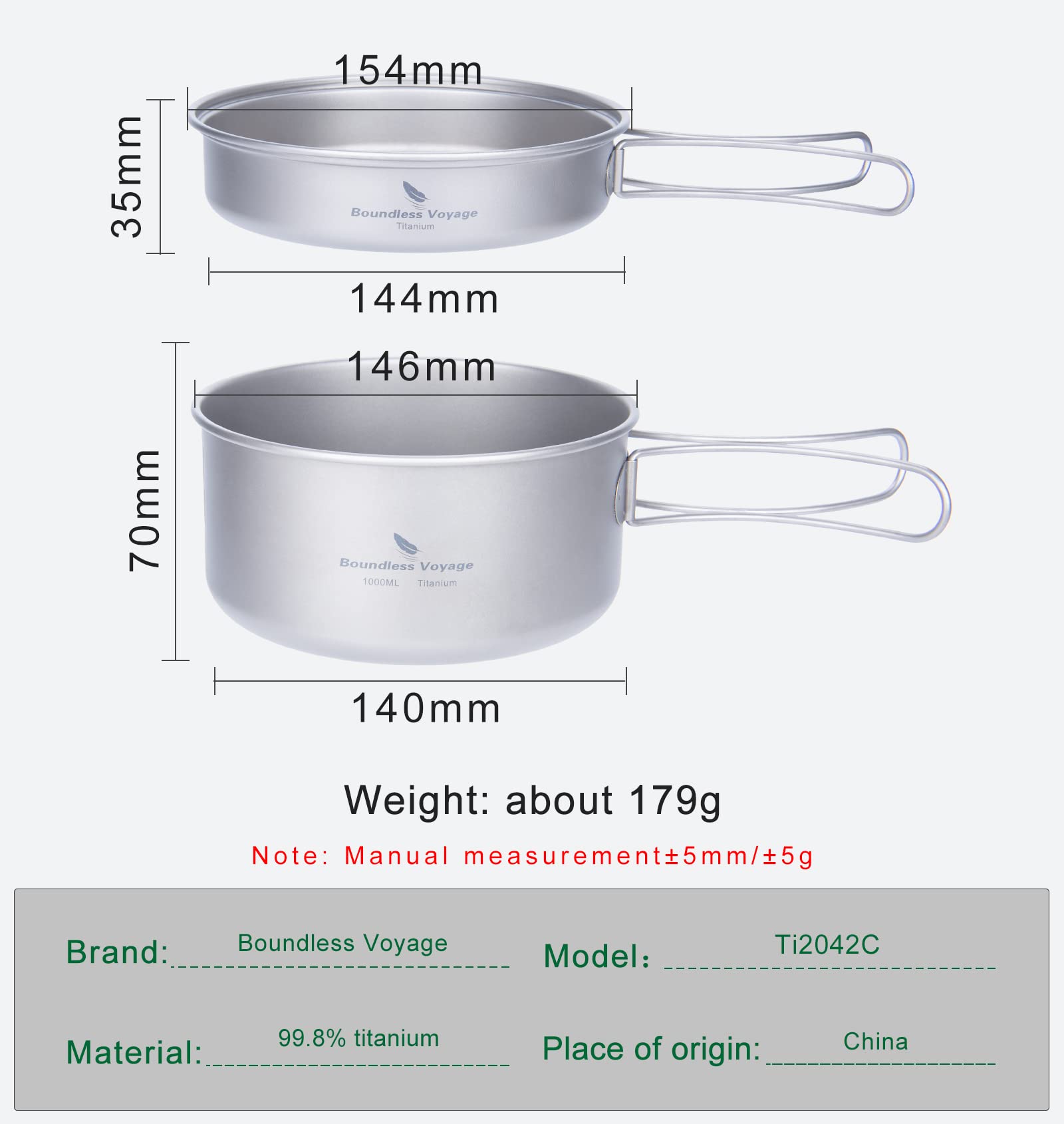 Boundless Voyage Titanium 2-Piece Pot and Pan Set 1000ml+500ml Folding Handle for Outdoor Camping Cooking Hiking Backpacking Portable Tableware Cookware