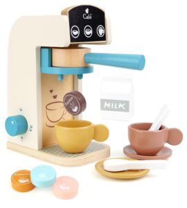 pairpear kids wooden toys coffee maker toy espresso machine playset - toddler play kitchen accessories gift for girls and boys