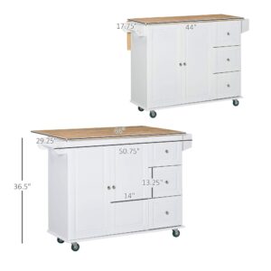 HOMCOM Mobile Kitchen Island Storage Trolley Cart on Wheels with Dropleaf Top, Towel/Spice Rack, 3 Drawers, 2-Door Cabinet, White