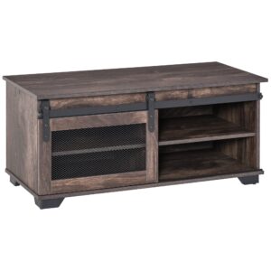 homcom farmhouse coffee table with storage, sliding mesh barn door, industrial cocktail table with adjustable shelves for living room, dark brown