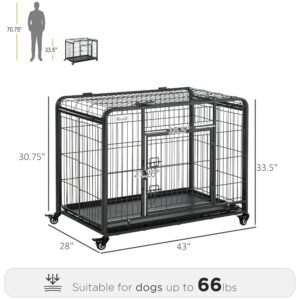 PawHut Folding Design Heavy Duty Metal Dog Cage Crate & Kennel with Removable Tray and Cover, & 4 Locking Wheels, Indoor/Outdoor 43"