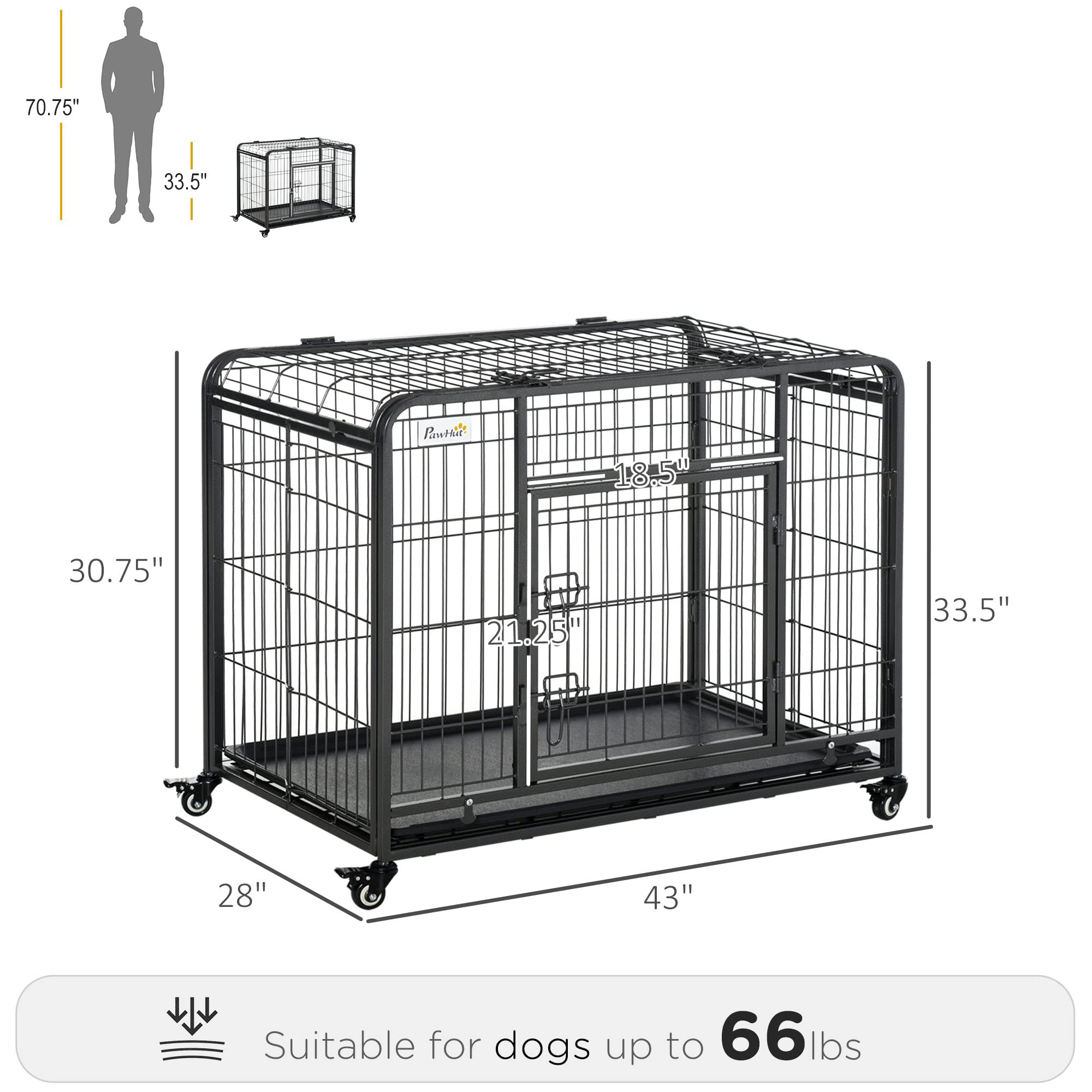 PawHut Folding Design Heavy Duty Metal Dog Cage Crate & Kennel with Removable Tray and Cover, & 4 Locking Wheels, Indoor/Outdoor 43"