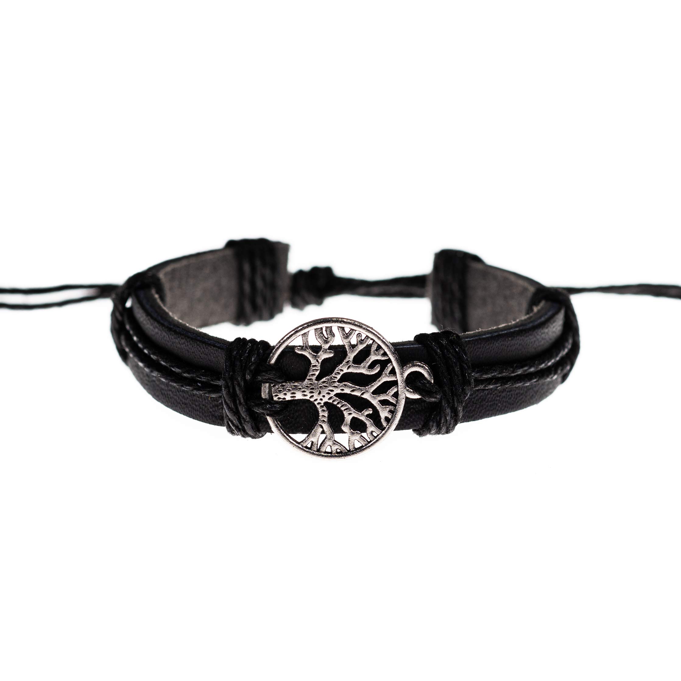 BlueRica Tree of Life on Black Leather and Cord Bracelet