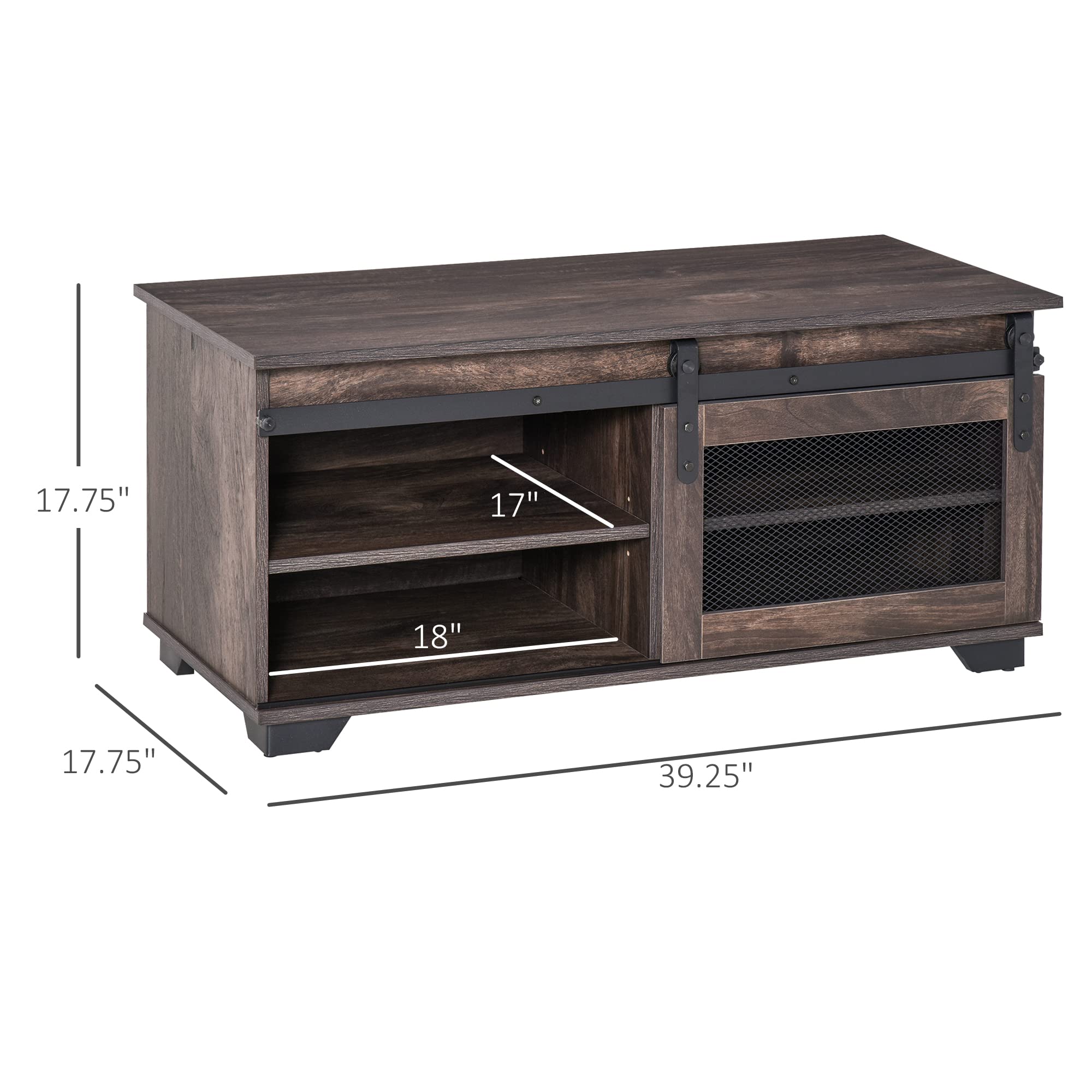 HOMCOM Farmhouse Coffee Table with Storage, Sliding Mesh Barn Door, Industrial Cocktail Table with Adjustable Shelves for Living Room, Dark Brown