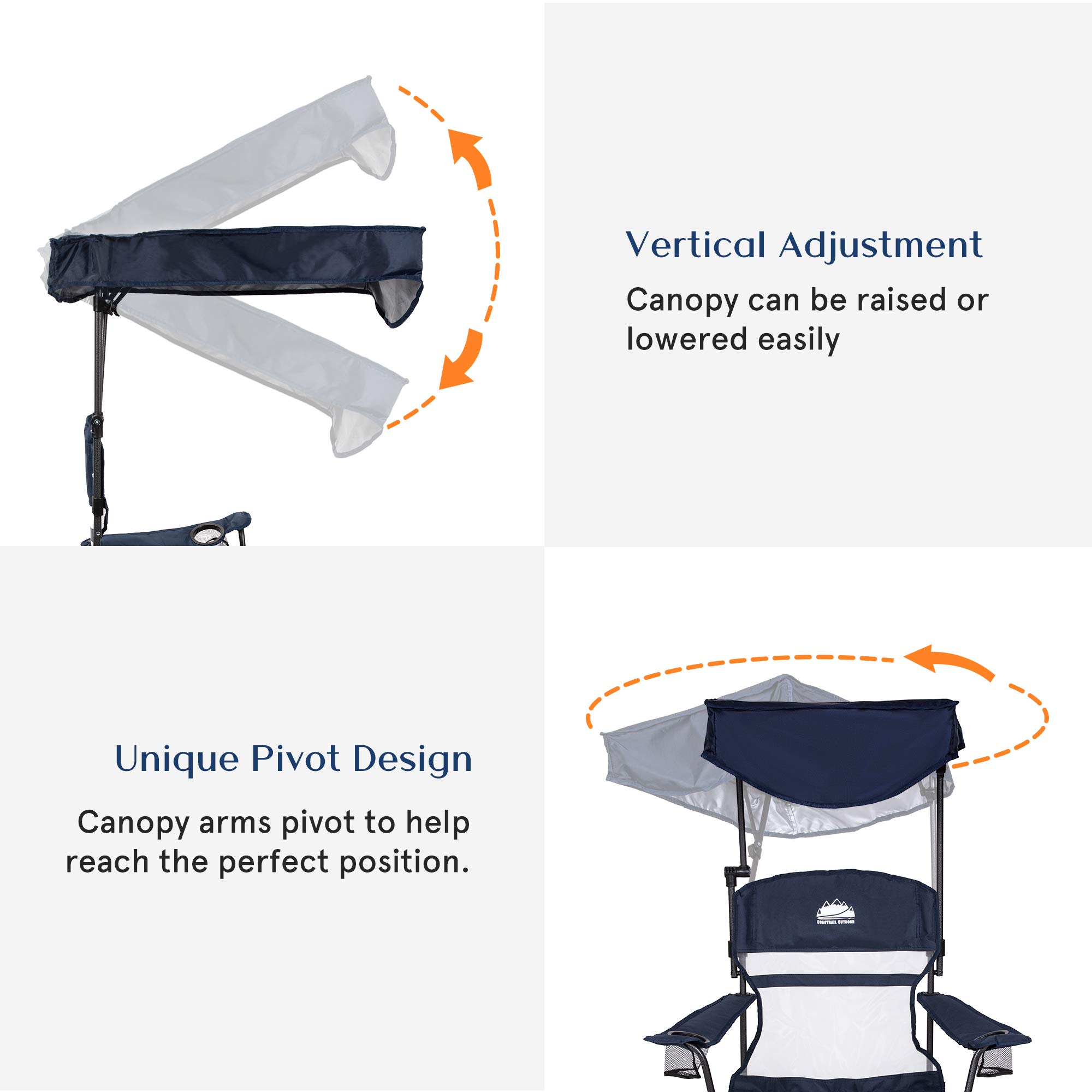 Coastrail Outdoor Sun Shade Folding Camp Chair with Multi-Position Adjustable Canopy SPF 50+ Sun Protection, Portable Design for Sports, Camping, Patio, Navy&Gray