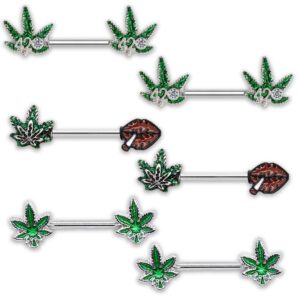 pierce2go 3 pair set: 1 pair of silver ad green 4/20 symbol pot leaf nipple rings; 1 pair of marijuana weed nipple rings; 1 pair of lips smoking marijuana leaf nipple rings