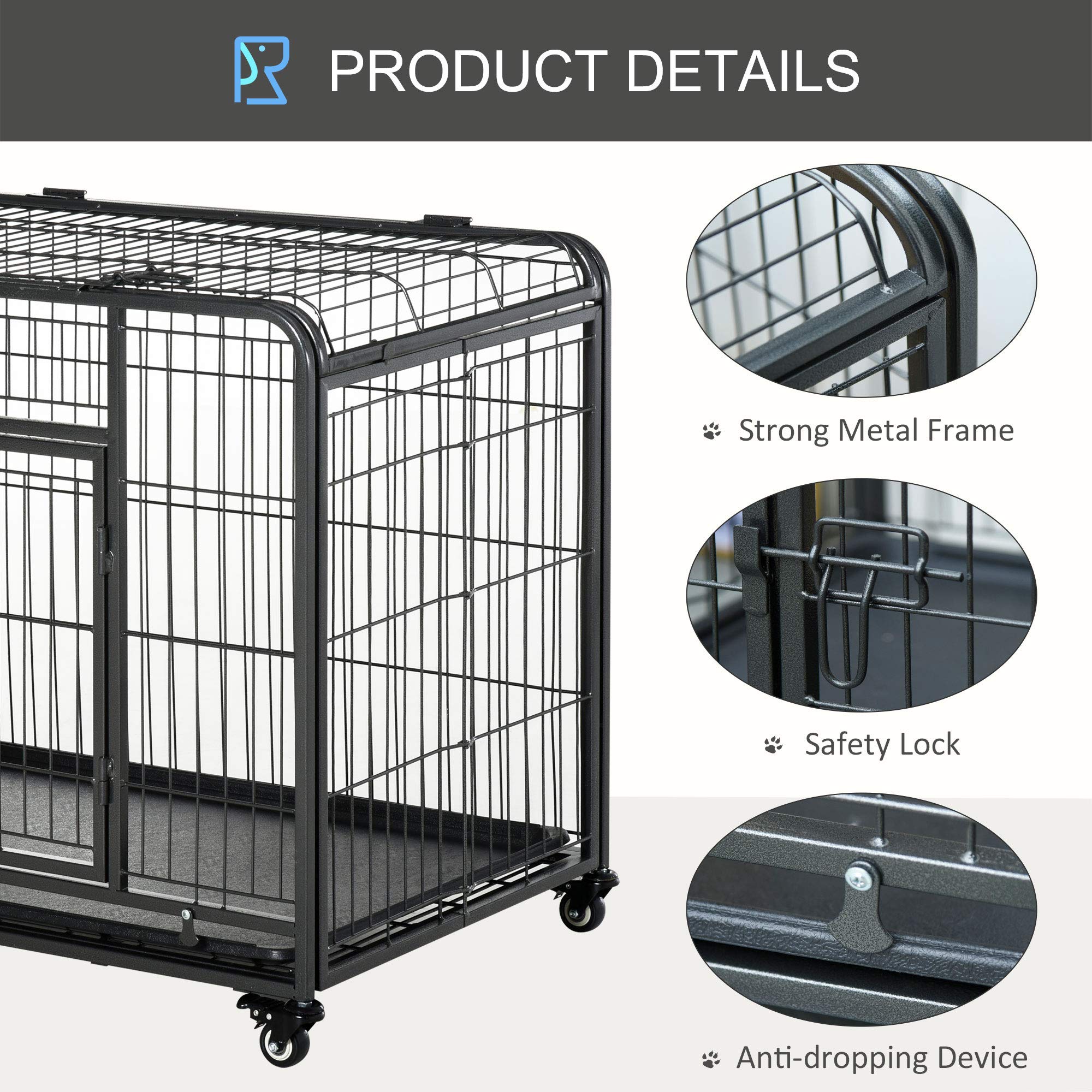 PawHut Folding Design Heavy Duty Metal Dog Cage Crate & Kennel with Removable Tray and Cover, & 4 Locking Wheels, Indoor/Outdoor 43"