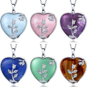 hicarer 6 pieces heart healing crystal necklaces quartz silver rose wrapped gemstone jewelry (stylish colors)