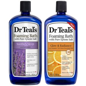 dr. teal's foaming bath variety gift set (2 pack, 34oz ea.) - soothe & sleep lavender, glow & radiance vitamin c and citrus - essential oils blended with pure epsom salt relieve pain & daily stress