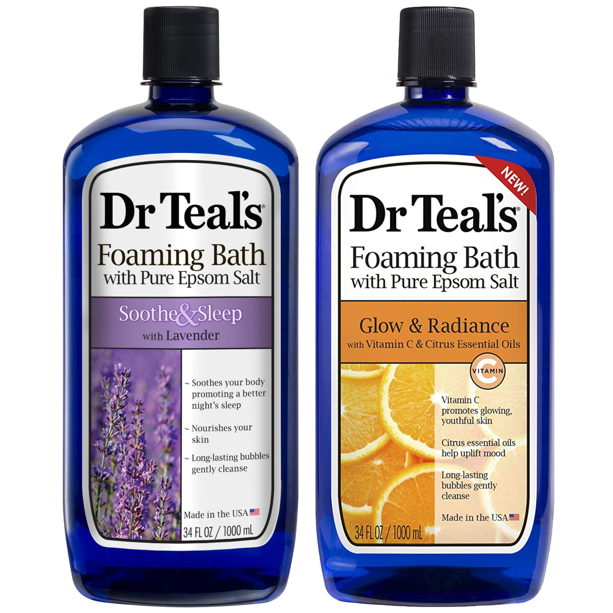 Dr. Teal's Foaming Bath Variety Gift Set (2 Pack, 34oz Ea.) - Soothe & Sleep Lavender, Glow & Radiance Vitamin C and Citrus - Essential Oils Blended with Pure Epsom Salt Relieve Pain & Daily Stress