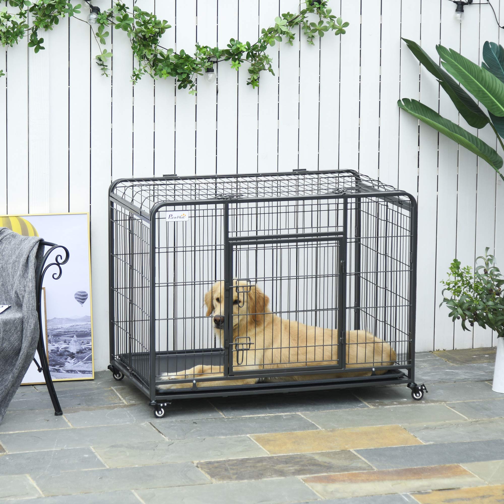 PawHut Folding Design Heavy Duty Metal Dog Cage Crate & Kennel with Removable Tray and Cover, & 4 Locking Wheels, Indoor/Outdoor 43"