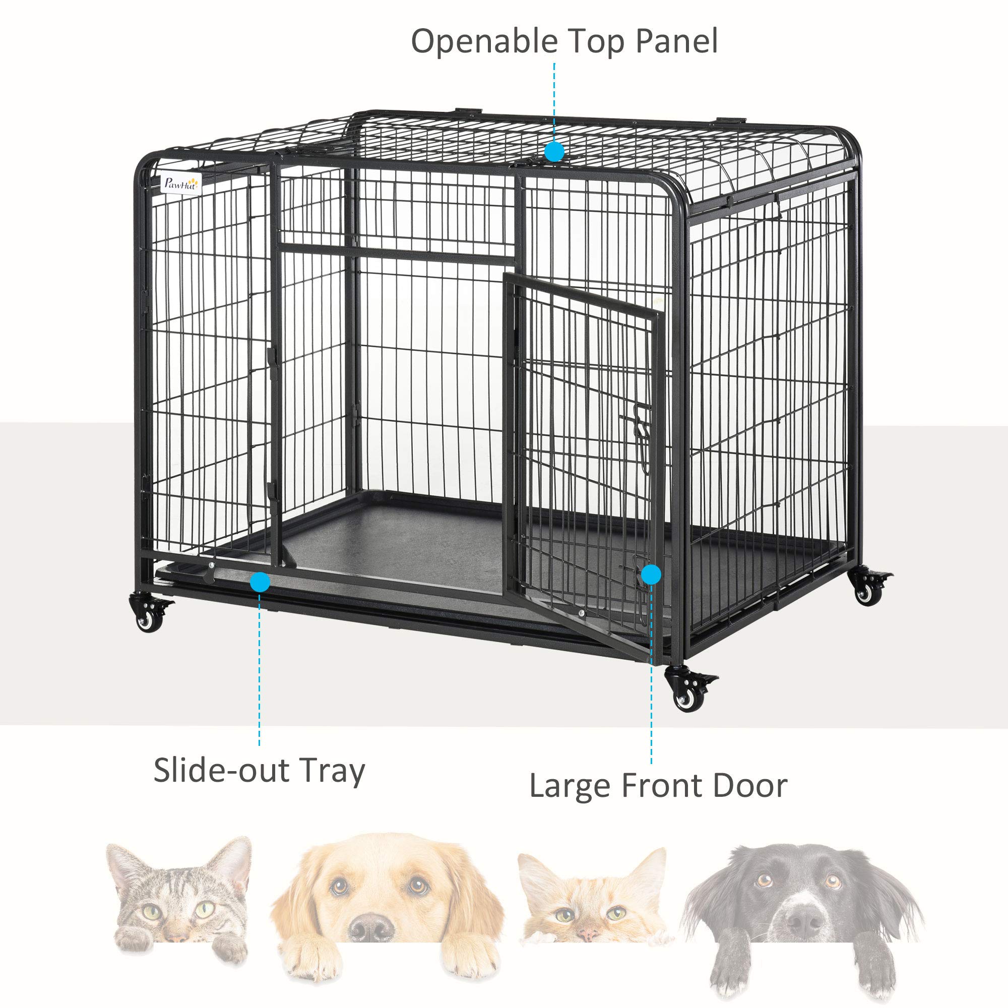 PawHut Folding Design Heavy Duty Metal Dog Cage Crate & Kennel with Removable Tray and Cover, & 4 Locking Wheels, Indoor/Outdoor 43"