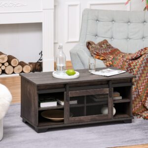 HOMCOM Farmhouse Coffee Table with Storage, Sliding Mesh Barn Door, Industrial Cocktail Table with Adjustable Shelves for Living Room, Dark Brown