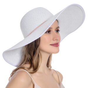 muryobao womens sun straw hat wide brim uv upf 50 summer hat foldable roll up floppy beach cap for women white