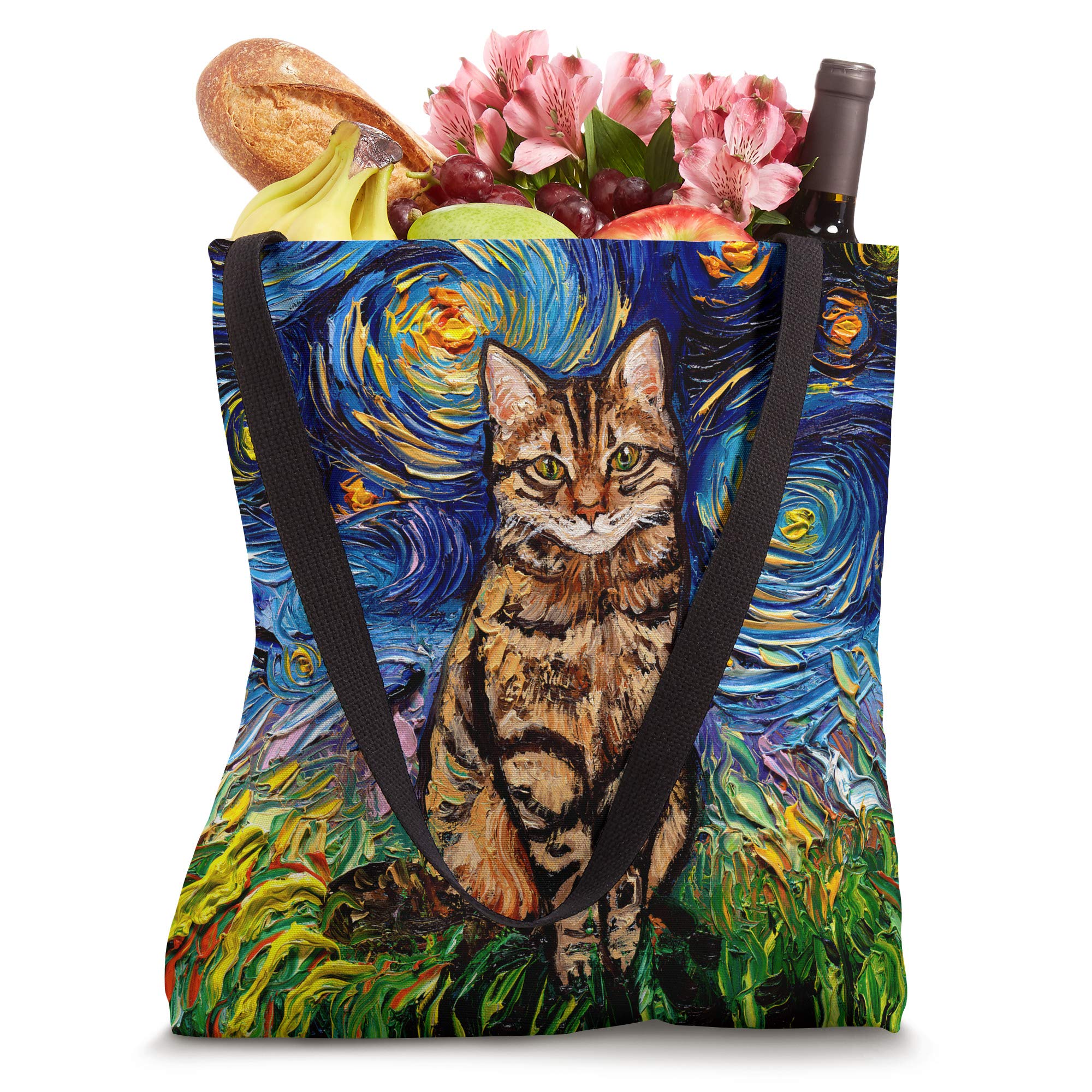 Brown Tabby Cat Starry Night Impressionist Animal Art by Aja Tote Bag