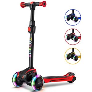 tonbux kids scooter for age 3-12, toddler scooter with 4 adjustable heights, light up 3-wheels scooter, shock absorption design, lean to steer, balance training scooter for kids - red