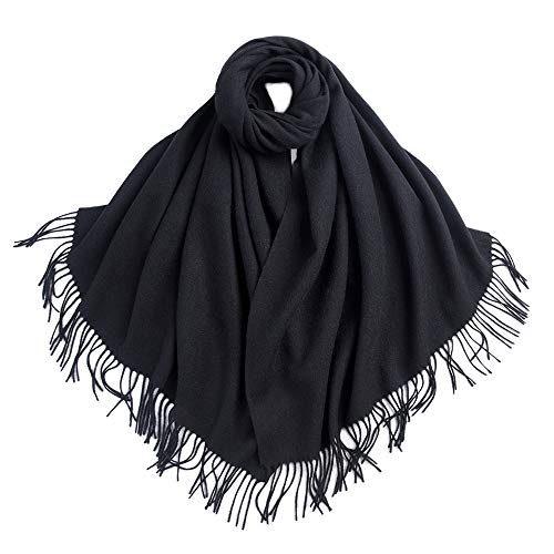 LaniLani 100% Merino Wool Scarf for Women, Warm and Oversized, Pashmina Cashmere feel, 78” x 28”, Winter Gift for Women, Black