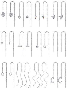 12 pairs threader earrings for women stainless steel chain tassel earrings threader lightweight wave long bar arrow drop dangle chain earrings set (silver)