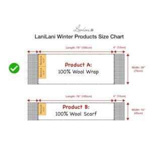 LaniLani 100% Merino Wool Scarf for Women, Warm and Oversized, Pashmina Cashmere feel, 78” x 28”, Winter Gift for Women, Black