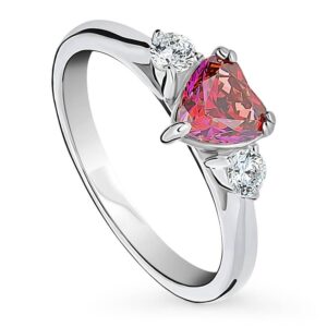 berricle sterling silver 3-stone wedding engagement rings red cubic zirconia cz heart promise ring for women, rhodium plated size 7