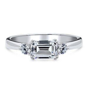 BERRICLE Sterling Silver 3-Stone Wedding Engagement Rings Emerald Cut Cubic Zirconia CZ East-West Promise Ring for Women, Rhodium Plated Size 4